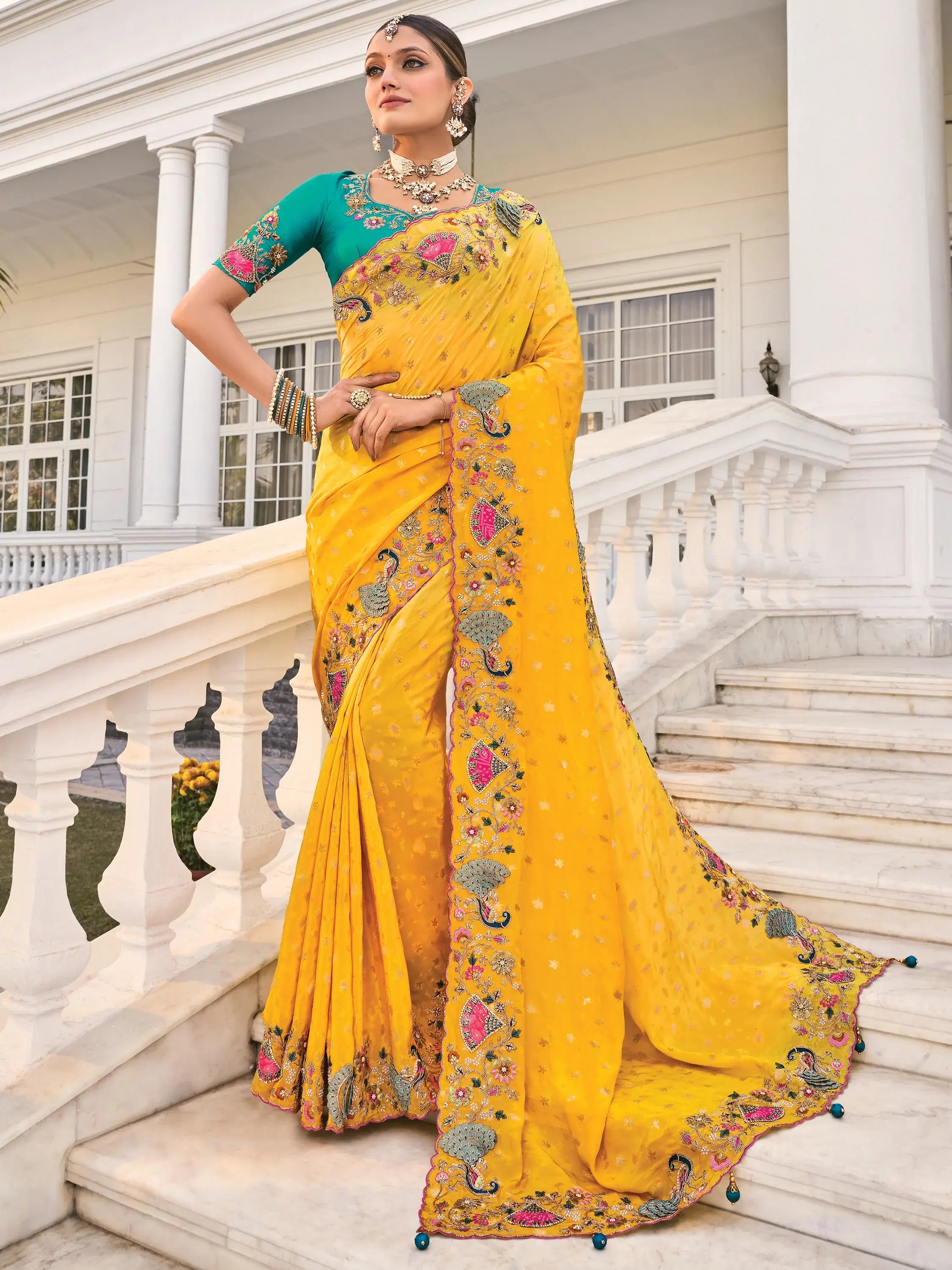 Buy Captivating Yellow Crape Silk WeddingWear Saree From Zeel Clothing