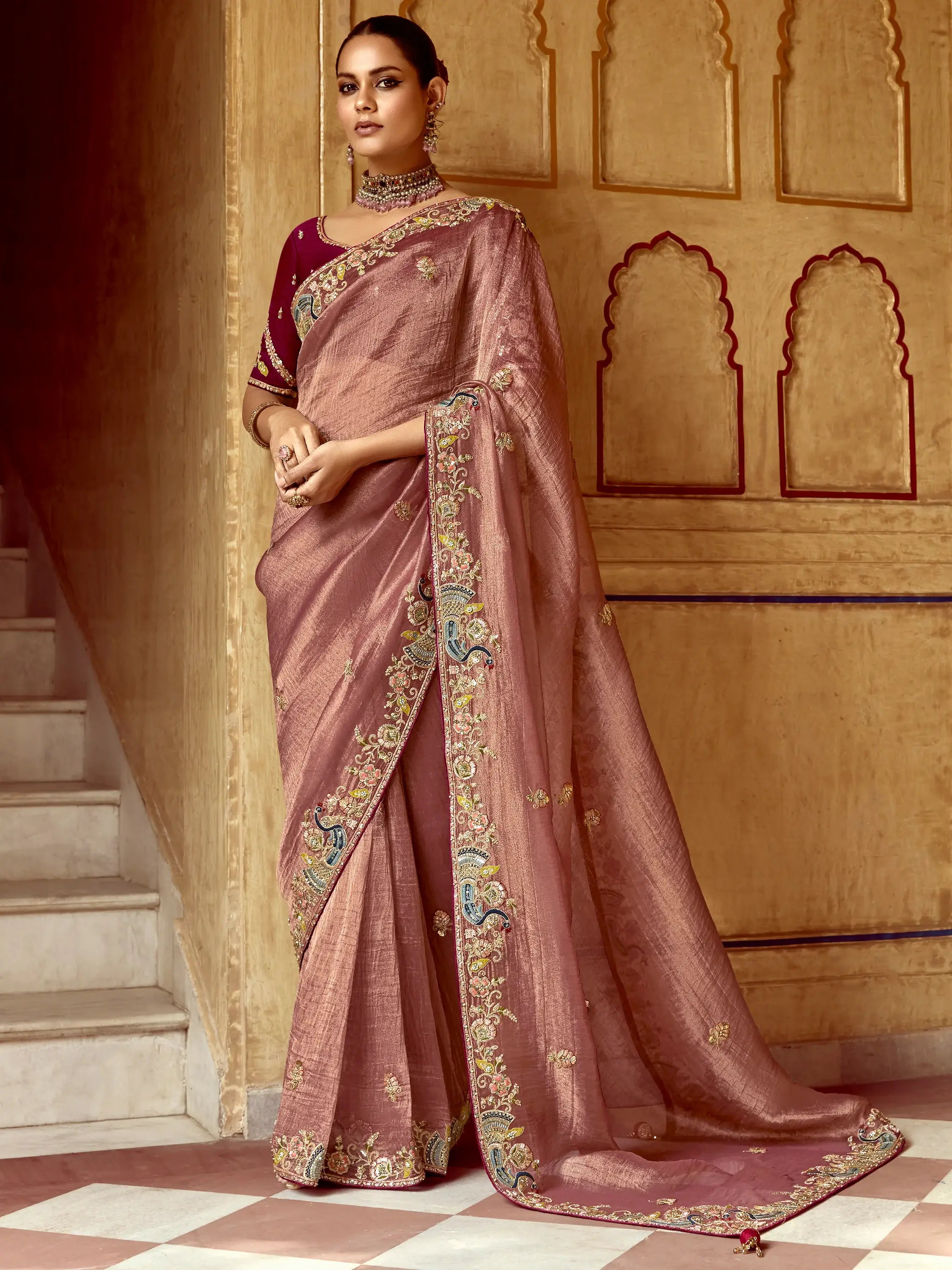 Buy Magnetic Dusty Pink Silk Reception Wear Saree From Zeel Clothing