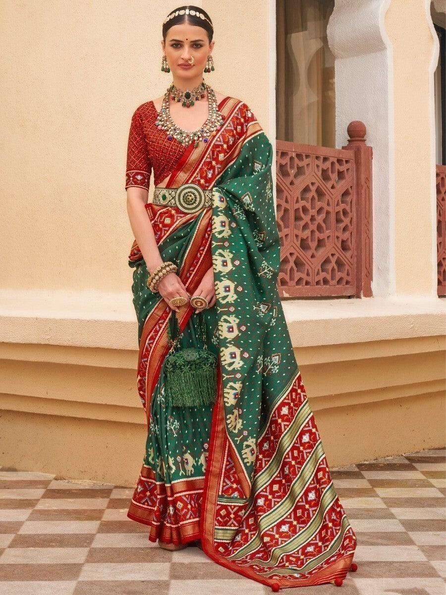 Buy Green Patola Print Silk Saree With Blouse Online At Zeel Clothing
